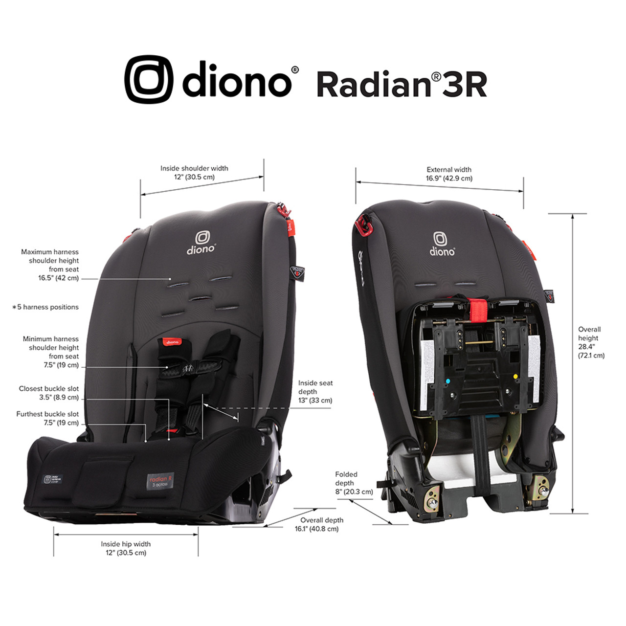 What are the dimensions of the Radian® 3R® car seat? – Diono